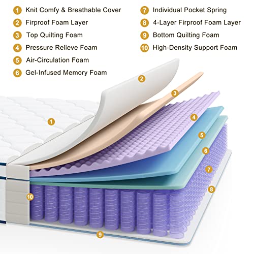 Maxzzz King Mattress, 14 Inch Hybrid Memory Foam Mattress with Individual Pocket Springs, King Mattress in a Box, Pressure Relief & Motion Isolation, Medium Firm Bed Mattress,US-Made