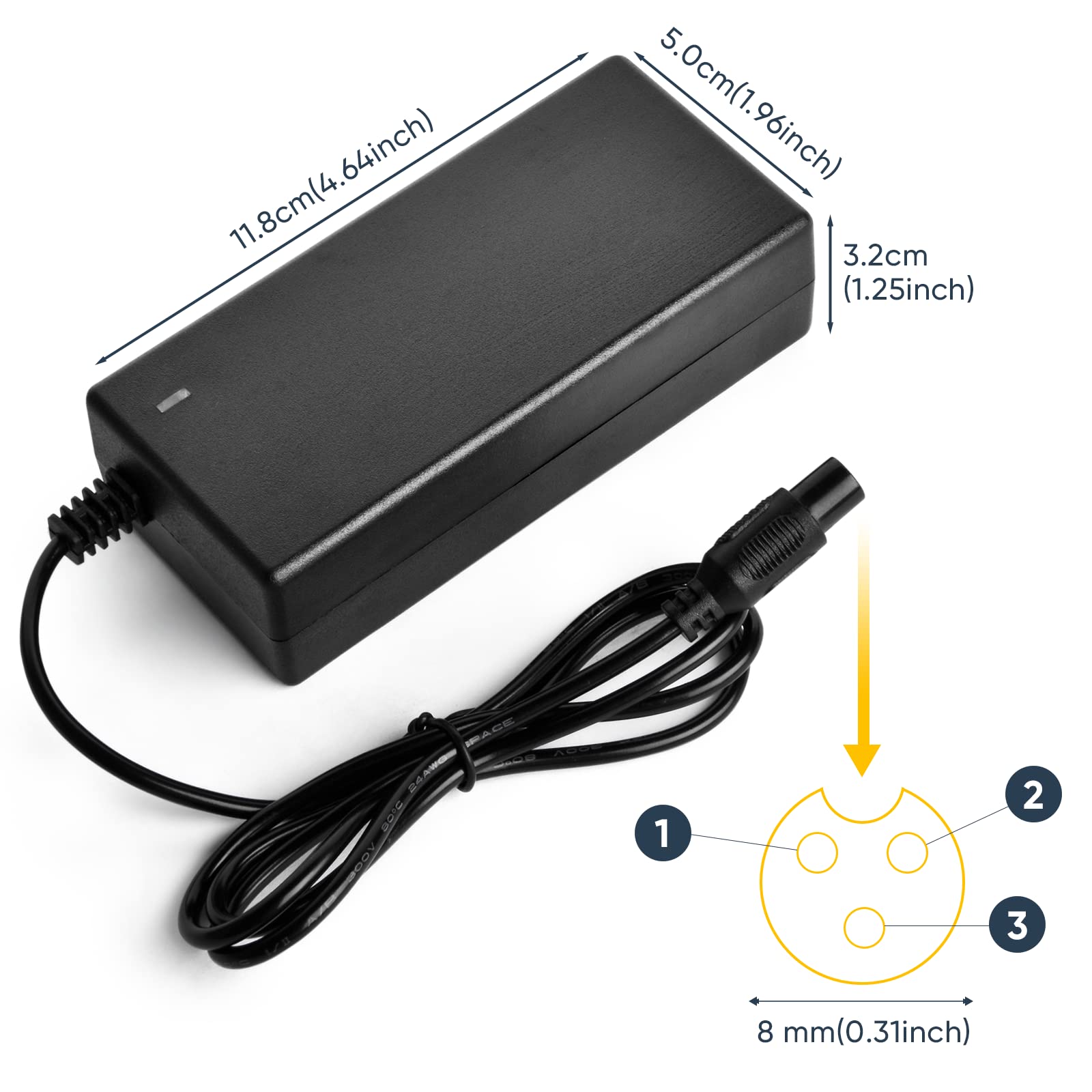 42V 2A Battery Charger 3 Prong Inline Connector Universal Power Supply Adapter for 36V Lithium Battery, 36V Pocket Mod, 36Volts Sports Mod Power Supply Adapter