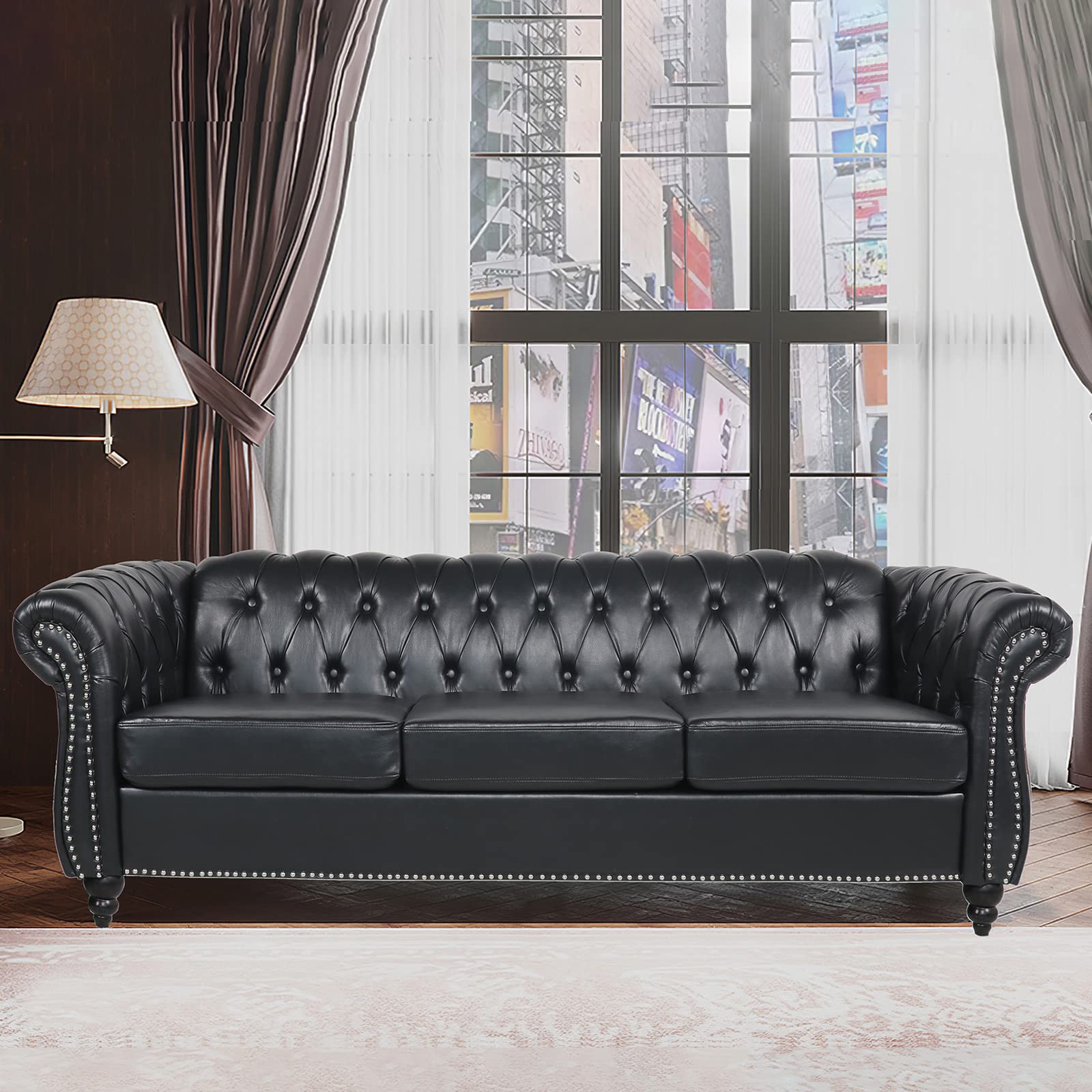 MIYZEAL Chesterfield Sofa, Tufted Leather Couch Upholstered Sofa with Low Back, Roll Arm Classic 3 Seater PU Leather Couch for Living Room Bedroom Office (Black)