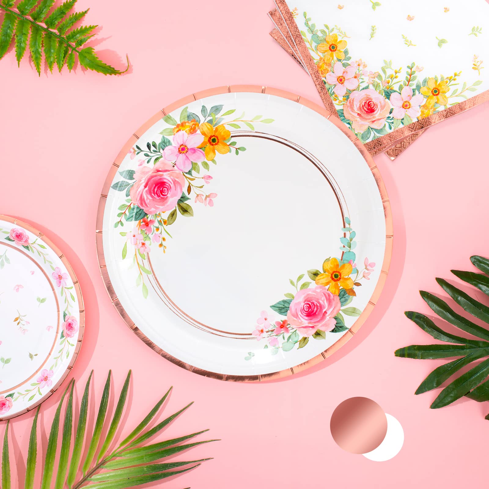 HOMIX Floral Paper Plates and Napkins Cups Sets Pink Flower Tea Party Supplies Disposable Dinnerware Sets Serves 24 for Bridal Shower, Birthdays