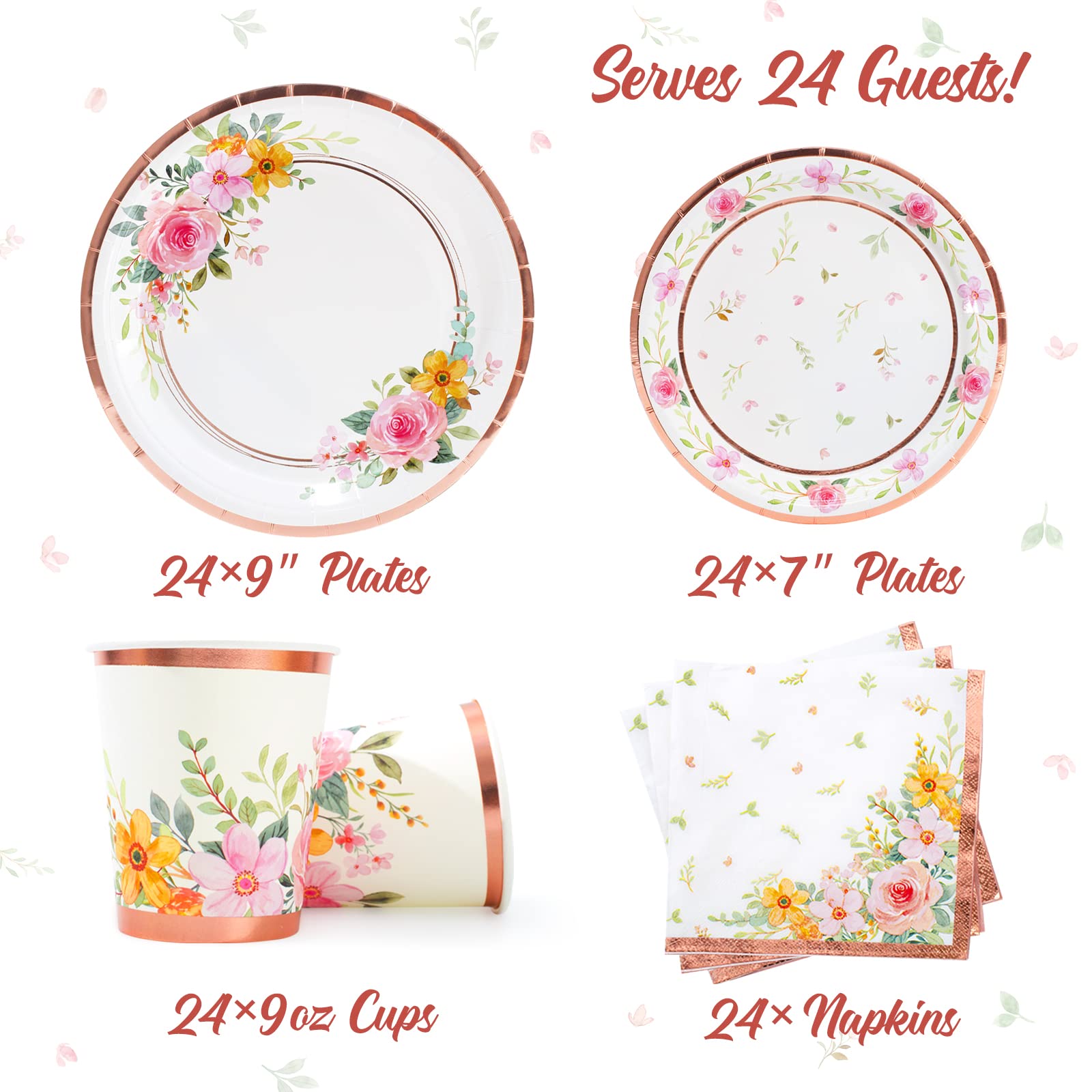 HOMIX Floral Paper Plates and Napkins Cups Sets Pink Flower Tea Party Supplies Disposable Dinnerware Sets Serves 24 for Bridal Shower, Birthdays