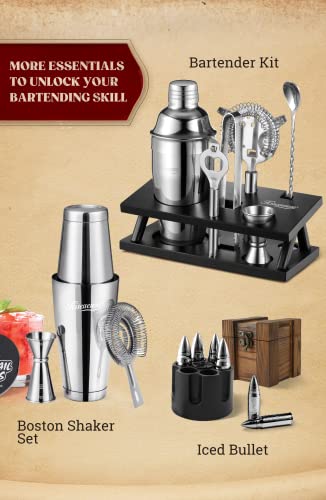 KITESSENSU 6-Piece Bar Set Cocktail Shaker Set - Mixology Bartender Kit with Stand - Silver Bar Kit for Drink Mixing - Bar Tools: Martini Shaker, Jigger, Strainer, Bar Spoon, Tongs, Opener