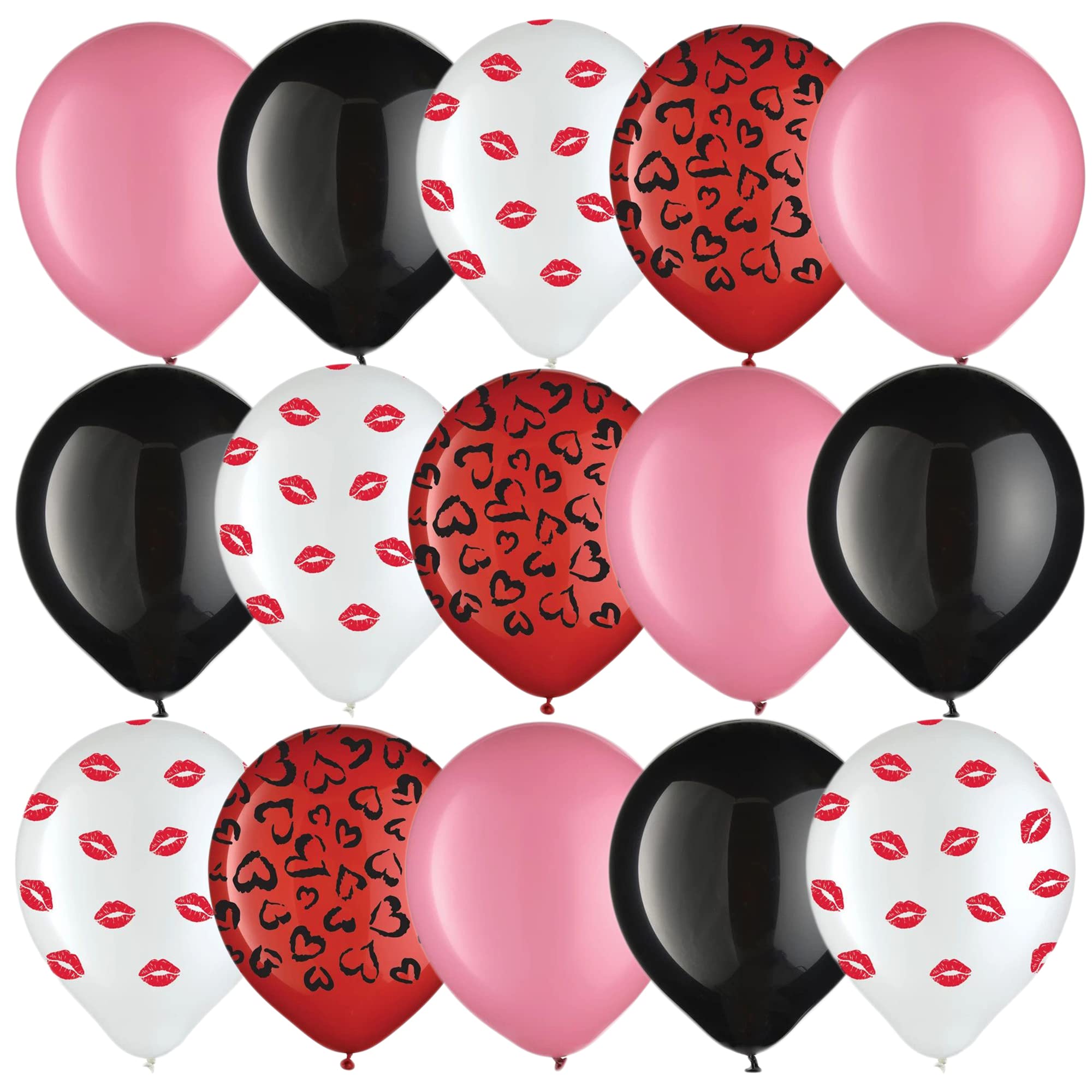 Amscan Lips Hearts Balloon Variety Pack - 15 Count Latex Balloons in Big 12" Size - Pink, Red, Black, White, Lipstick Kiss, Heart Party Decorations for Birthday, Dance, Bachelorette Supplies Set