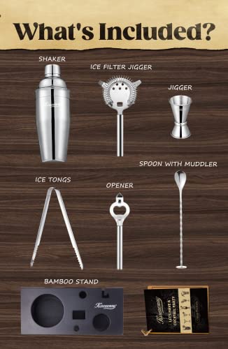 KITESSENSU 6-Piece Bar Set Cocktail Shaker Set - Mixology Bartender Kit with Stand - Silver Bar Kit for Drink Mixing - Bar Tools: Martini Shaker, Jigger, Strainer, Bar Spoon, Tongs, Opener