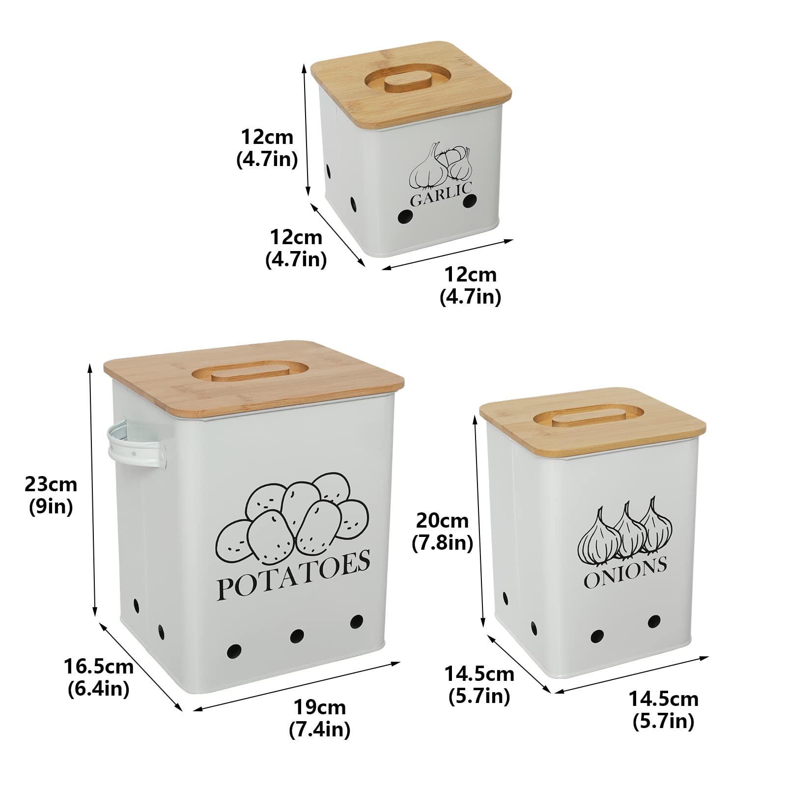Potato Onion Garlic storage, Canister Sets for Kitchen Counter, Storage Set for Potato Onion Garlic, Kitchen Storage Bin Jars Pots with Aerating Tin Storage Holes & Wooden Lid - White