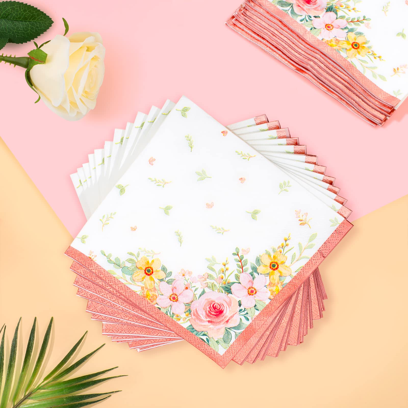 HOMIX Floral Paper Plates and Napkins Cups Sets Pink Flower Tea Party Supplies Disposable Dinnerware Sets Serves 24 for Bridal Shower, Birthdays