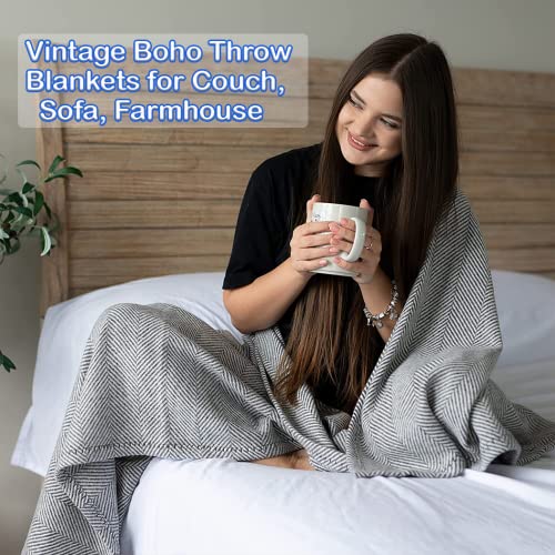 CURATED & COZY Herringbone Wool Throw Blanket, Ultra Soft Wool Throw Blanket for Couch, Sofa & Bed, Made with 100% Inner Mongolian Wool, Herringbone Pattern - 53" X 69" (Grey)