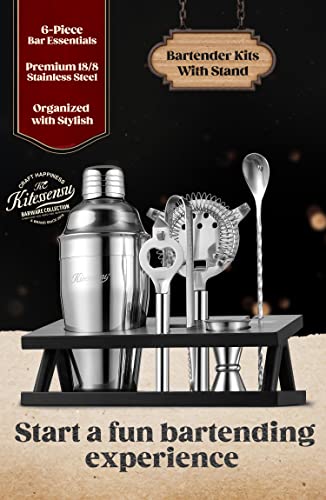KITESSENSU 6-Piece Bar Set Cocktail Shaker Set - Mixology Bartender Kit with Stand - Silver Bar Kit for Drink Mixing - Bar Tools: Martini Shaker, Jigger, Strainer, Bar Spoon, Tongs, Opener