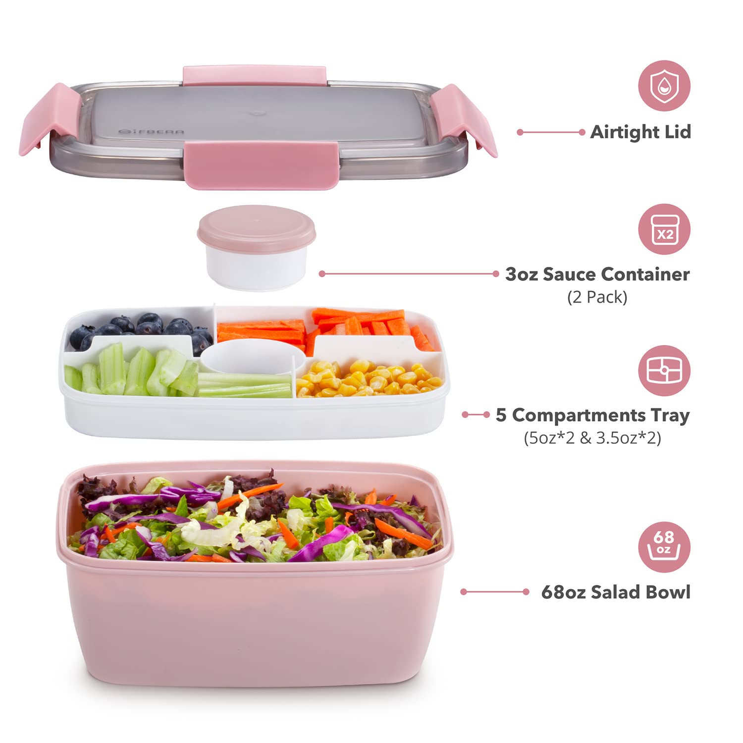 GiFBERA Large Salad Lunch Container - 68 oz Salad Bowl with 5 Compartments Bento-Style Tray, 2 pieces Salad Dressing Containers To Go, Leak-Proof & BPA-Free (Pink)