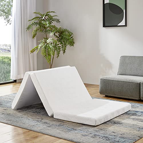 MyAnts Folding Mattress - 4 inch Portable Tri-fold Cooling-Gel Memory Foam Foldable Mattress Topper with Washable Soft Cover Non-Slip Bottom, Camping Mattress Floor Guest Bed, 75" x 39" Twin Size