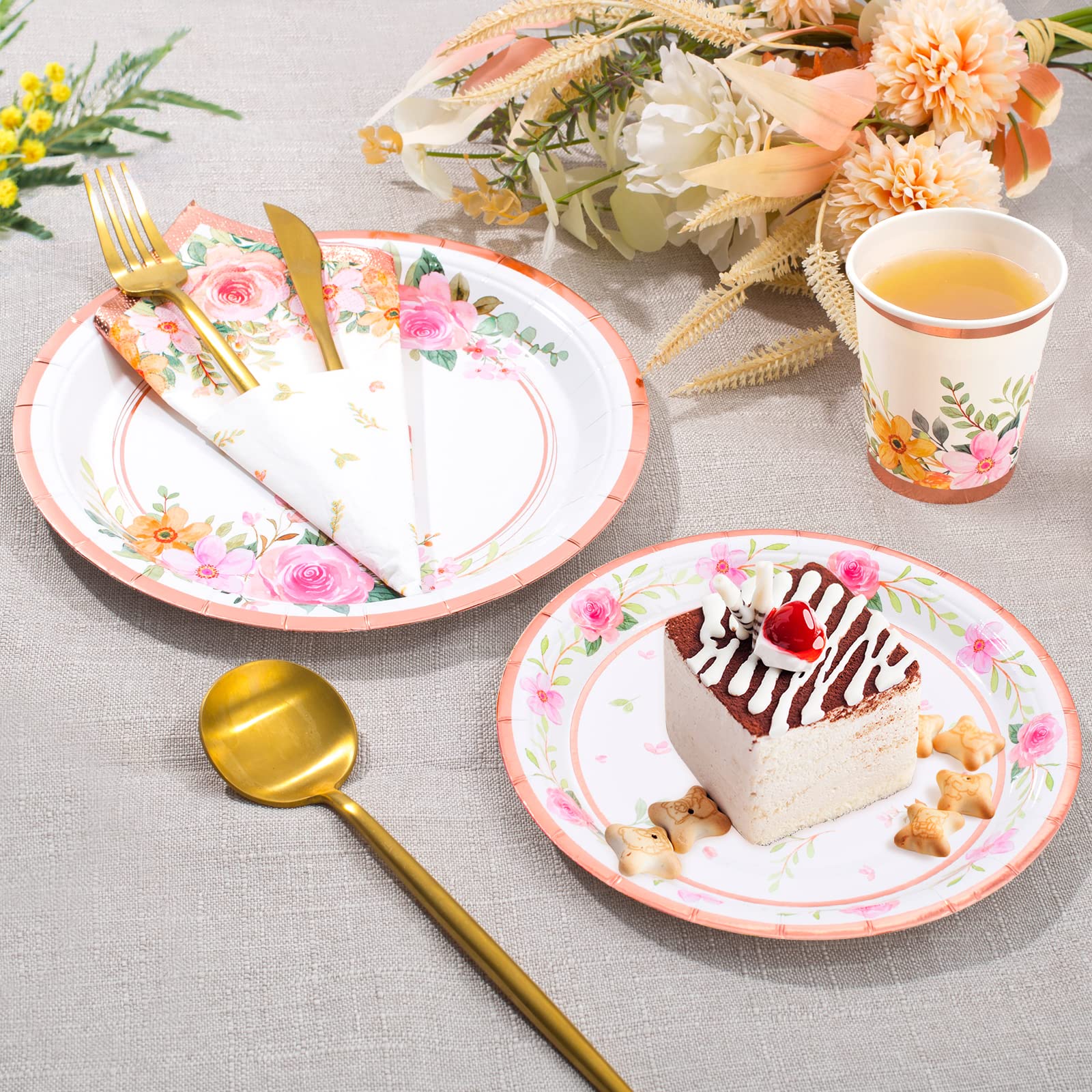 HOMIX Floral Paper Plates and Napkins Cups Sets Pink Flower Tea Party Supplies Disposable Dinnerware Sets Serves 24 for Bridal Shower, Birthdays