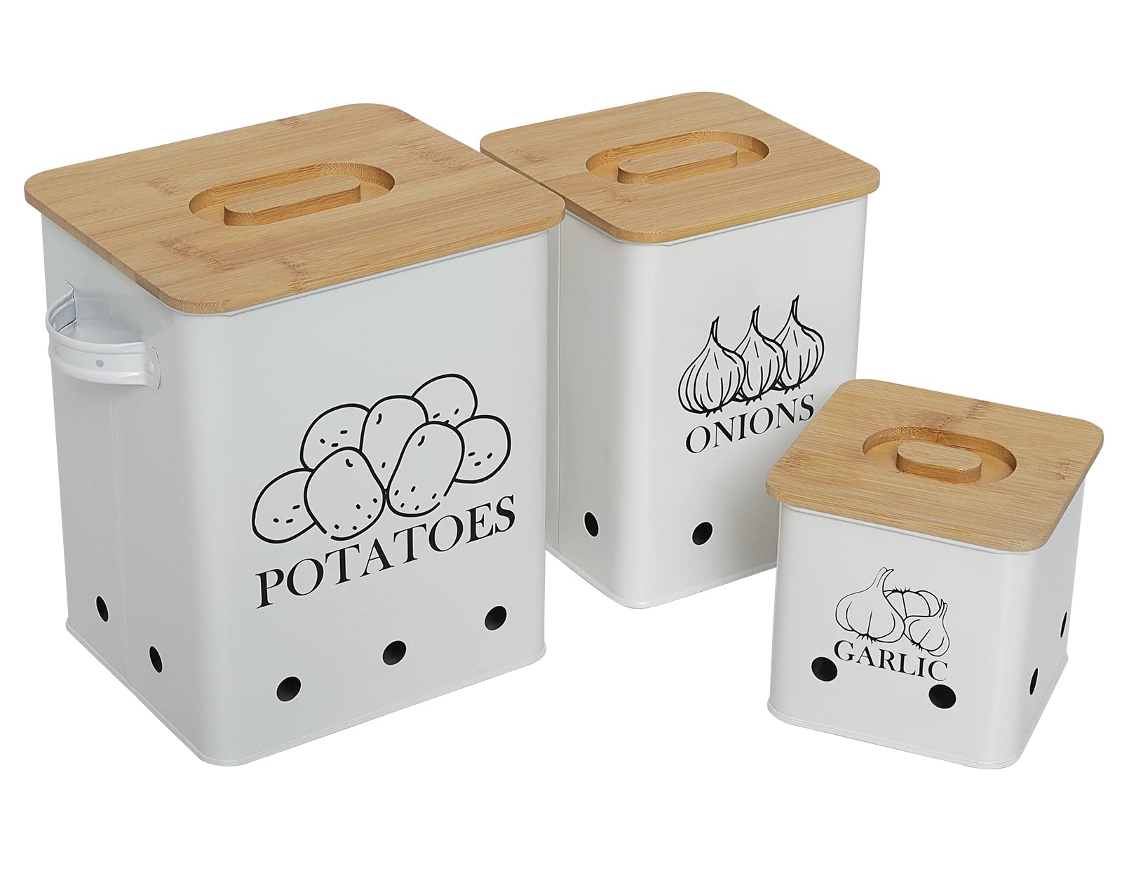 Potato Onion Garlic storage, Canister Sets for Kitchen Counter, Storage Set for Potato Onion Garlic, Kitchen Storage Bin Jars Pots with Aerating Tin Storage Holes & Wooden Lid - White