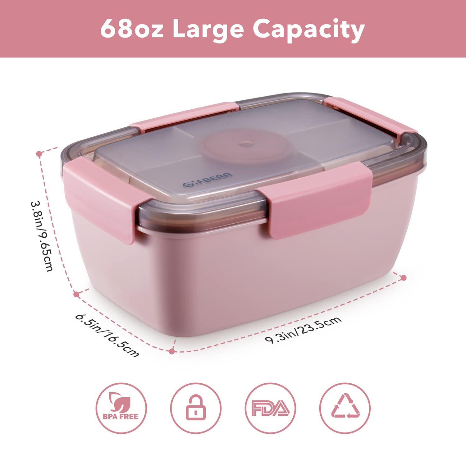 GiFBERA Large Salad Lunch Container - 68 oz Salad Bowl with 5 Compartments Bento-Style Tray, 2 pieces Salad Dressing Containers To Go, Leak-Proof & BPA-Free (Pink)