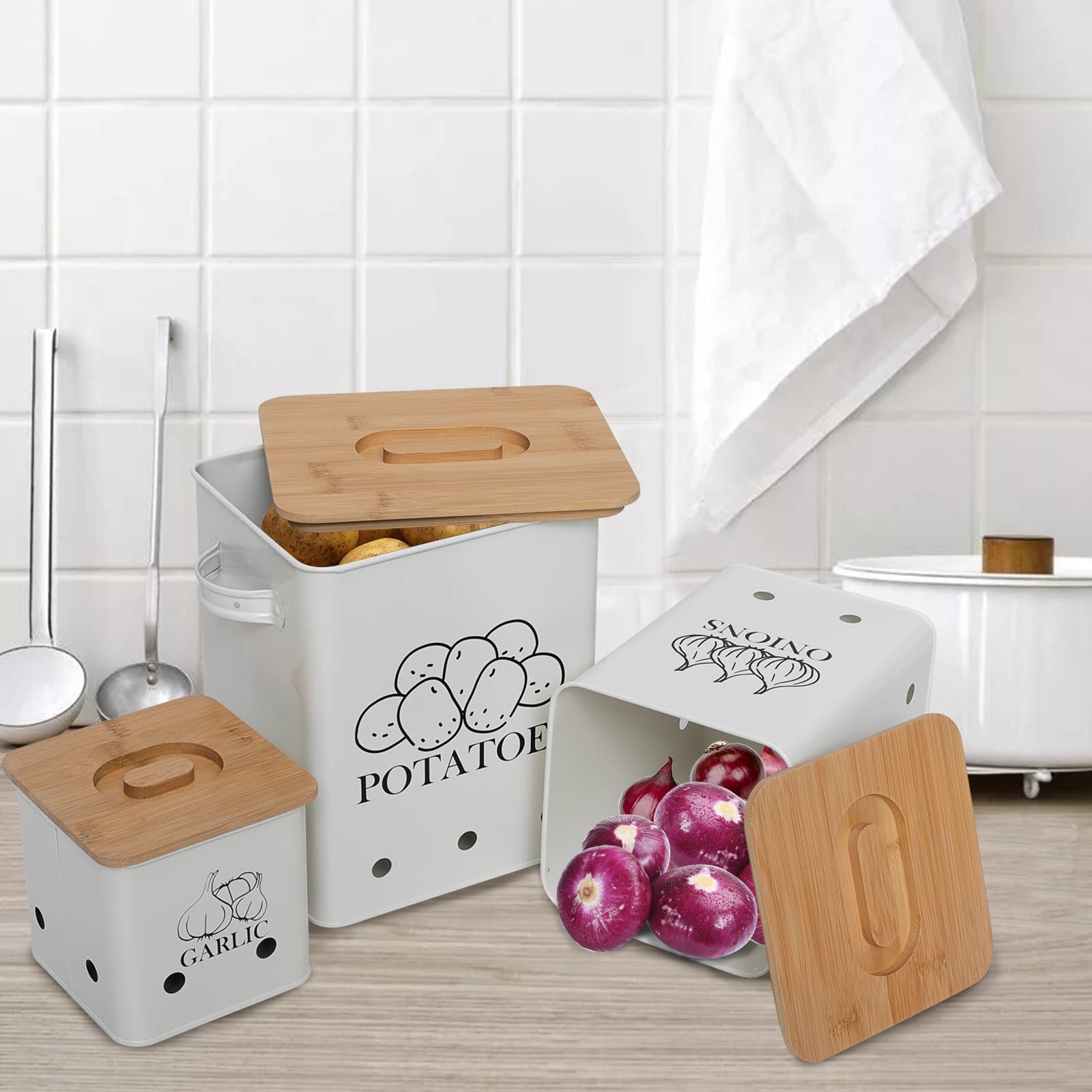 Potato Onion Garlic storage, Canister Sets for Kitchen Counter, Storage Set for Potato Onion Garlic, Kitchen Storage Bin Jars Pots with Aerating Tin Storage Holes & Wooden Lid - White