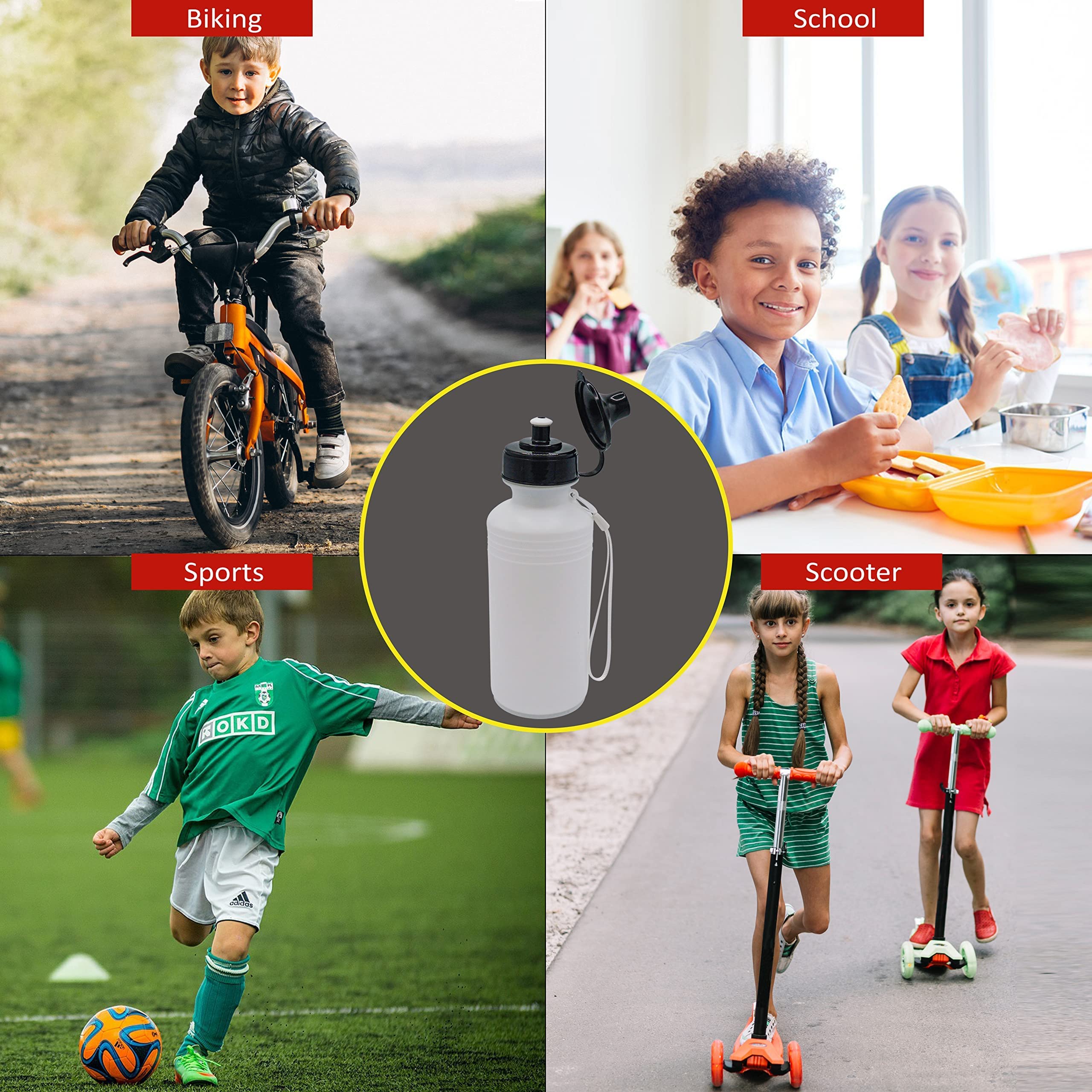 4E's Novelty Sports Water Bottles Bulk (12 Pack) 18 oz Squeeze Reusable Plastic White Water Bottle, BPA Free, School Kids Water Bottles Party Favor Gift Giveaways