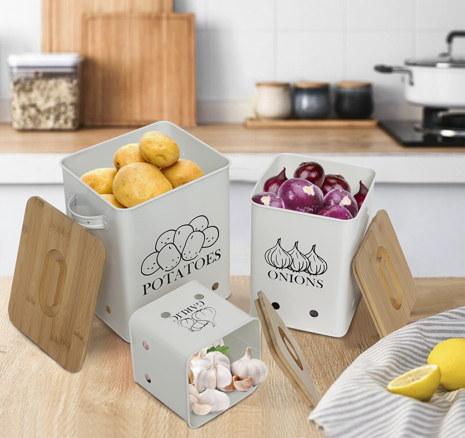 Potato Onion Garlic storage, Canister Sets for Kitchen Counter, Storage Set for Potato Onion Garlic, Kitchen Storage Bin Jars Pots with Aerating Tin Storage Holes & Wooden Lid - White