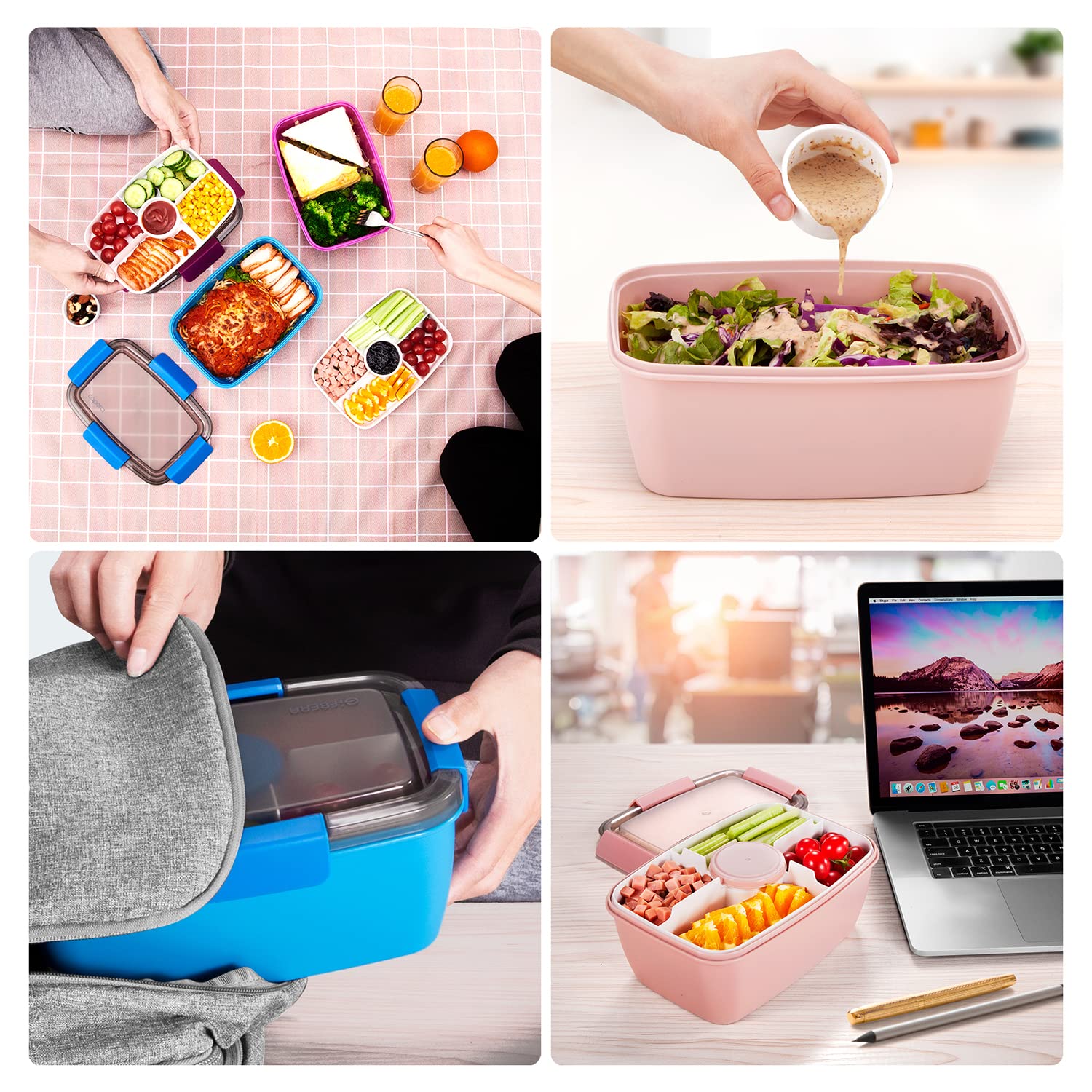 GiFBERA Large Salad Lunch Container - 68 oz Salad Bowl with 5 Compartments Bento-Style Tray, 2 pieces Salad Dressing Containers To Go, Leak-Proof & BPA-Free (Pink)