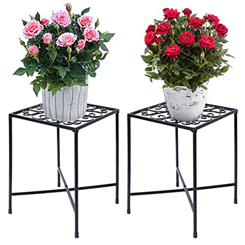 PPeen Plant Stand Indoor Outdoor for Flower Pot Heavy Duty Potted Holder Rustproof Waterproof Garden Container Supports Square Display Iron Rack for Planter, 2 Pack, Black