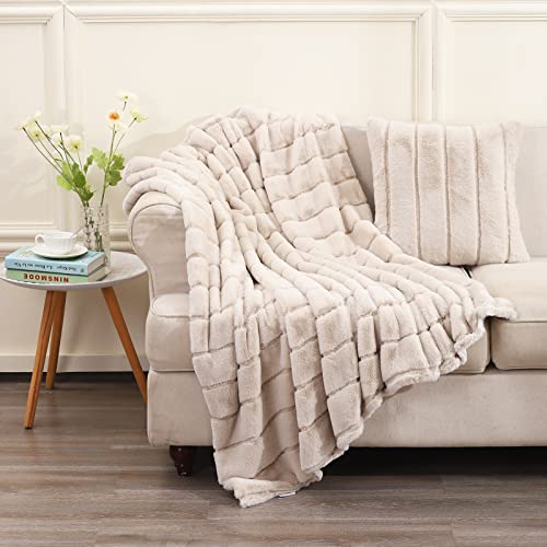 LuxenrelaX Striped Luxury Soft Faux Fur Blanket Throw Blanket for Bed, Beige Furry Fluffy Throw Blankets for Couch, Sofa, Anti-Shedding Blanket- (50" x 60", Beige)