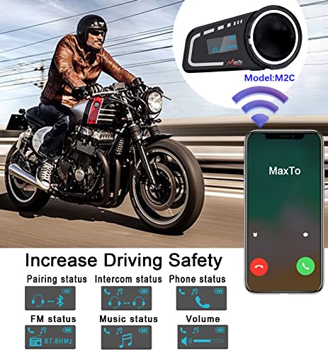 MAXTO Motorcycle Bluetooth Headset M2C 1000M 6 Riders Group Helmet Communication System with LCD Screen Universal Motorbike Intercom Waterproof Casco de Motor Intercomunicador FM/GPS/Siri(1 Pack)