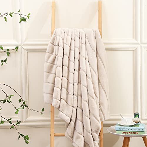 LuxenrelaX Striped Luxury Soft Faux Fur Blanket Throw Blanket for Bed, Beige Furry Fluffy Throw Blankets for Couch, Sofa, Anti-Shedding Blanket- (50" x 60", Beige)
