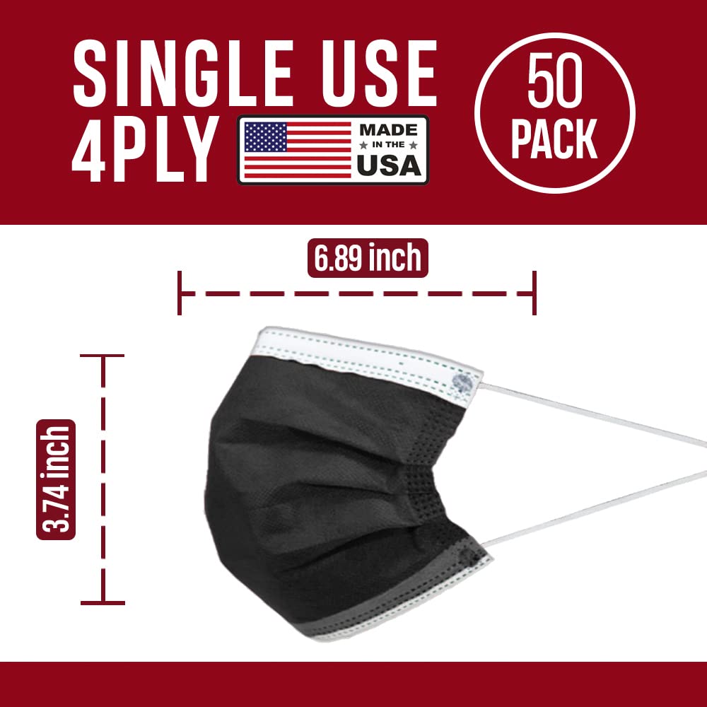 4-Ply Breathable Disposable Face Mask - Made in USA - Comfortable Elastic Ear Loop Multiple Colors (50, Black and White)