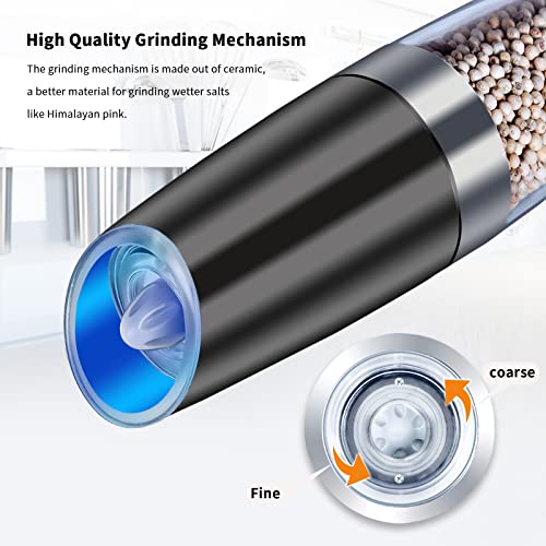 EasyCom Gravity Electric Salt and Pepper Grinder Set, Battery Powered with LED Light, Adjustable Coarseness, One Hand Automatic Pepper Mill Grinder for Kitchen and BBQ, 2 Pack, Black