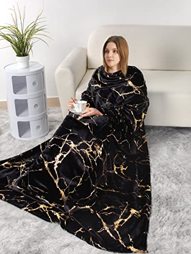 BSNTHO Black Wearable Blanket with Sleeves and Pocket for Women Men Adults,Soft Comfy Throws Blanket with Arm(Black,Pocket)