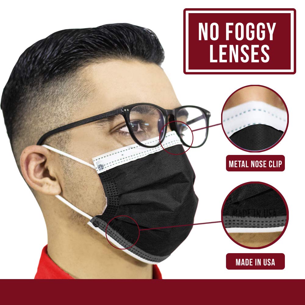 4-Ply Breathable Disposable Face Mask - Made in USA - Comfortable Elastic Ear Loop Multiple Colors (50, Black and White)