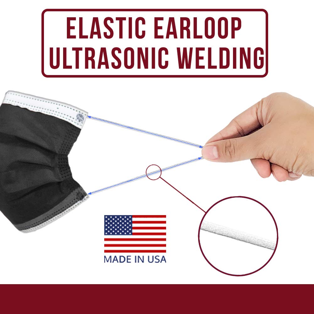4-Ply Breathable Disposable Face Mask - Made in USA - Comfortable Elastic Ear Loop Multiple Colors (50, Black and White)