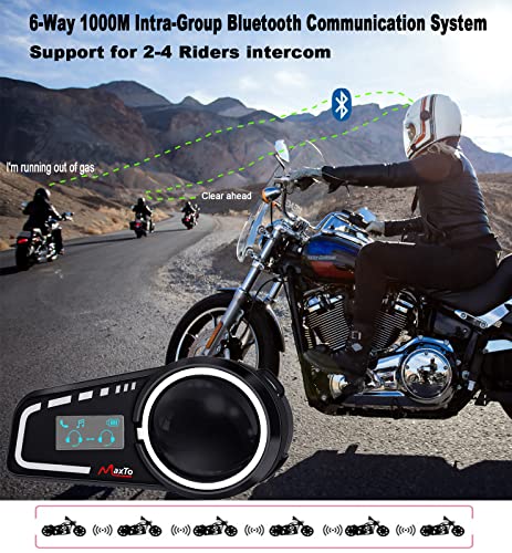MAXTO Motorcycle Bluetooth Headset M2C 1000M 6 Riders Group Helmet Communication System with LCD Screen Universal Motorbike Intercom Waterproof Casco de Motor Intercomunicador FM/GPS/Siri(1 Pack)