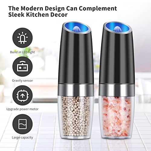EasyCom Gravity Electric Salt and Pepper Grinder Set, Battery Powered with LED Light, Adjustable Coarseness, One Hand Automatic Pepper Mill Grinder for Kitchen and BBQ, 2 Pack, Black