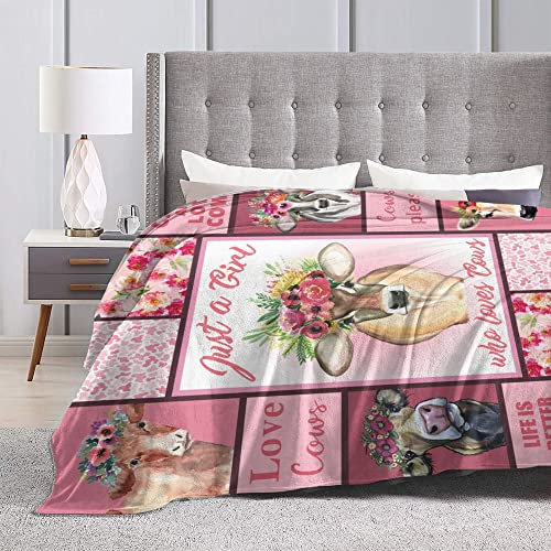 Blanket Cow Print Throw Soft Warmth Flannel Lightweight Cozy Baby Blankets Pink and Flowers Cow Throw Blanket Cow Bedding Decor for Sofa Couch Chair Bedroom60 X50
