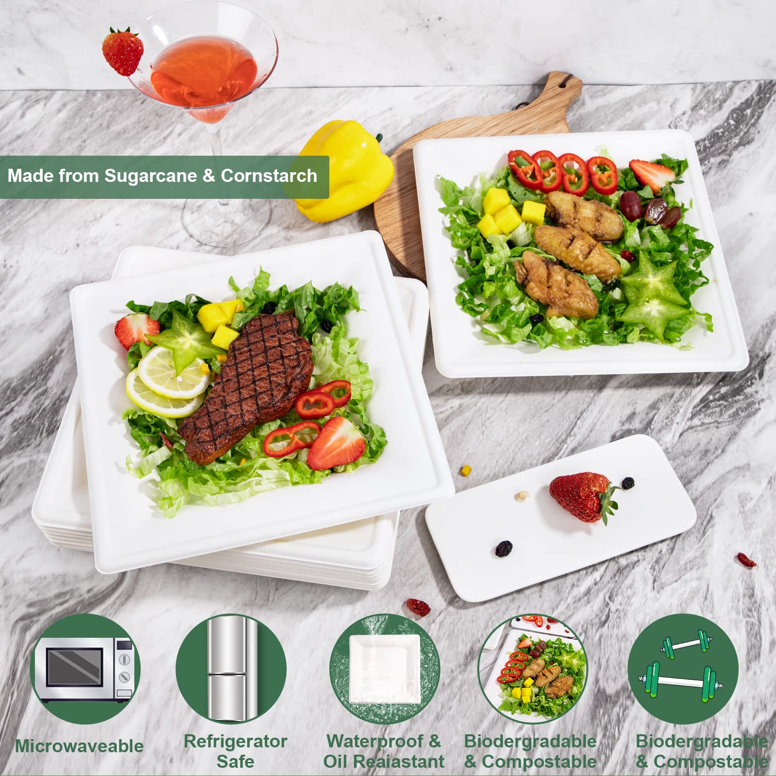 SUT 10-Inch Compostable Paper Plates, 100 PCS Square Biodegradable Bagasse Plates, Heavy-Duty Microwaveable Plates, Eco-Friendly Natural Disposable Plates, Made of Sugarcane Fibers, for Party, Picnic