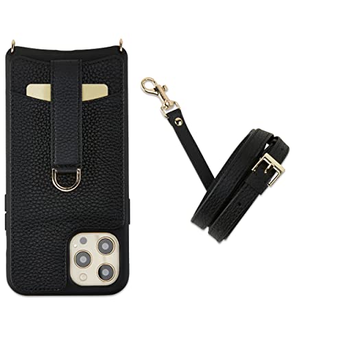 Vaultskin Victoria iPhone 13 Leather Wallet Case and Card Holder, Crossbody Strap Purse for Women (Black - Leather Strap, iPhone 13)