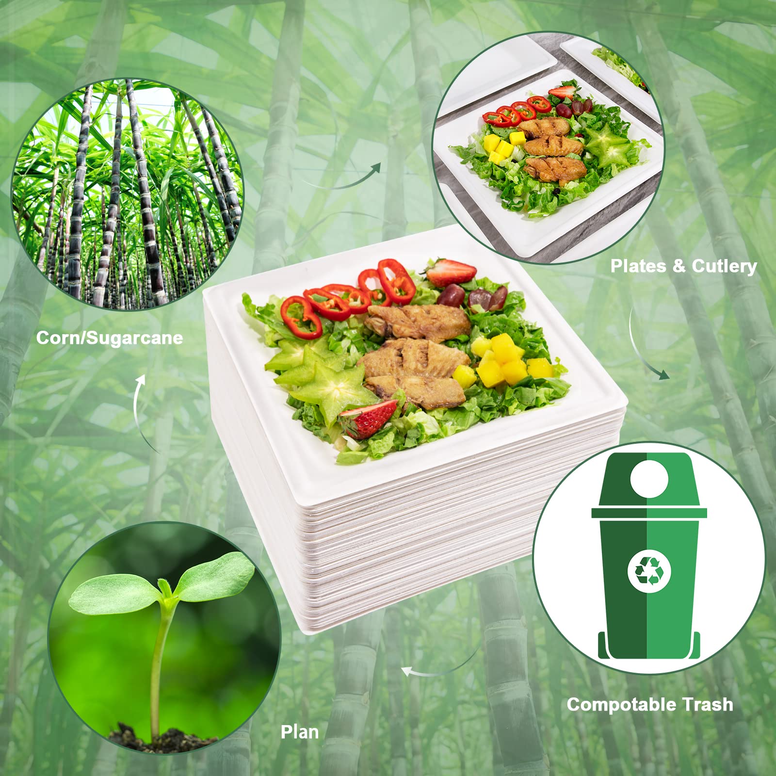 SUT 10-Inch Compostable Paper Plates, 100 PCS Square Biodegradable Bagasse Plates, Heavy-Duty Microwaveable Plates, Eco-Friendly Natural Disposable Plates, Made of Sugarcane Fibers, for Party, Picnic