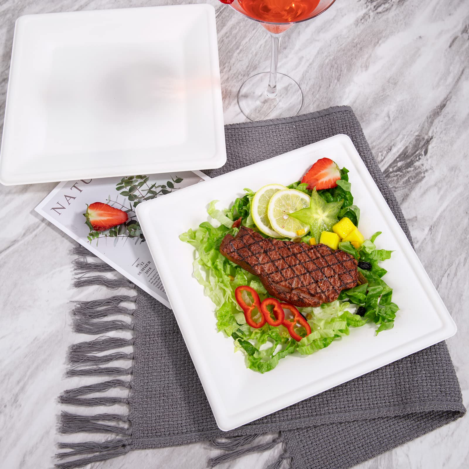 SUT 10-Inch Compostable Paper Plates, 100 PCS Square Biodegradable Bagasse Plates, Heavy-Duty Microwaveable Plates, Eco-Friendly Natural Disposable Plates, Made of Sugarcane Fibers, for Party, Picnic