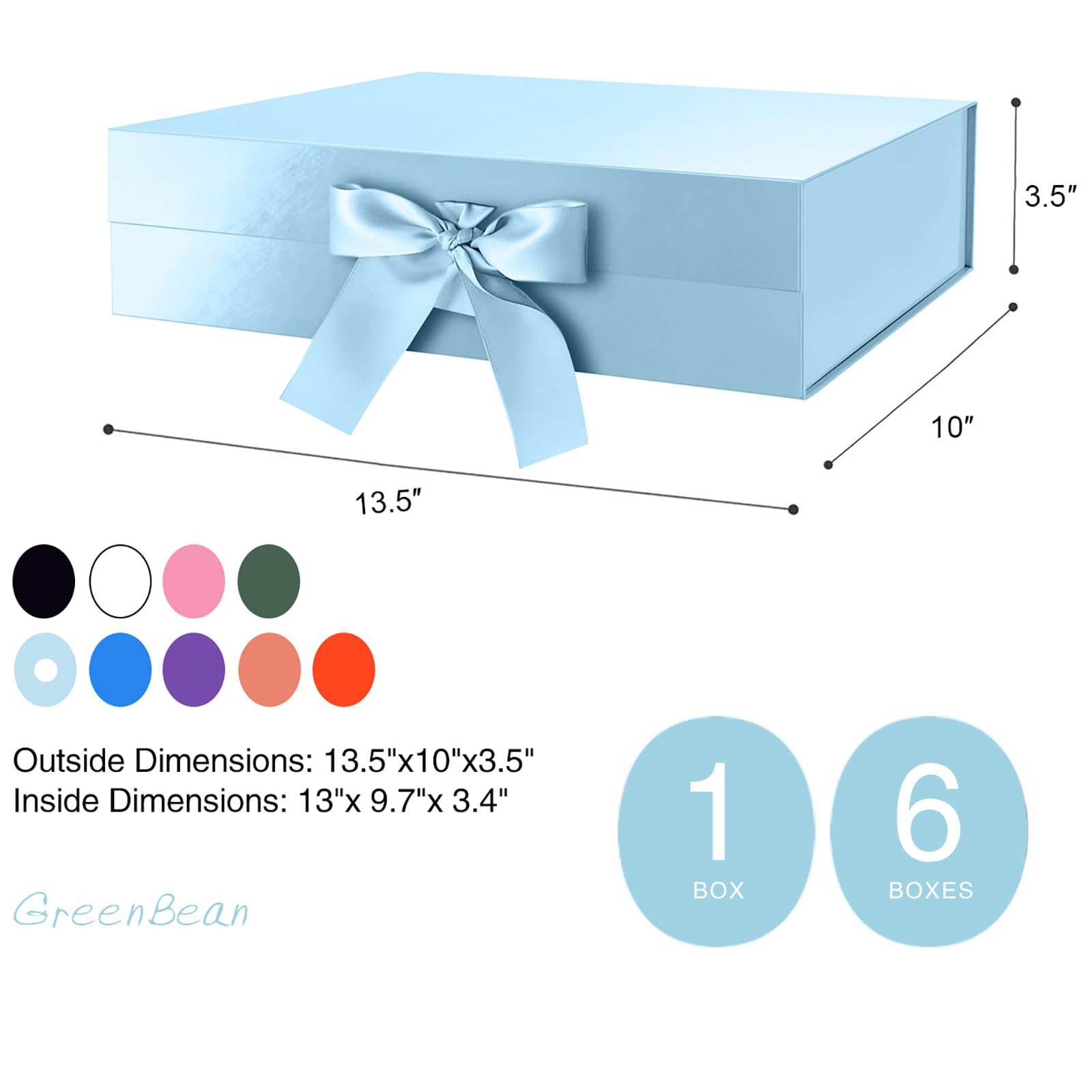 GREEN BEAN Large Gift Box with Lid for Present 13x9.7x3.4 Inches, Baby Blue Magnetic Gift Box with Ribbon, Bridesmaid Proposal Box, Luxury Gift Box(Glossy Baby Blue)