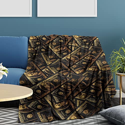 GUBIYU Black Gold 100 Dollar Bill Print Flannel Blankets Lightweight Soft Cozy Fuzzy Bed Blanket Throw Polyester Money Pattern Decorative Blanket for Sofa Couch Bed Chair for Men Gift (70 x 80 Inches)