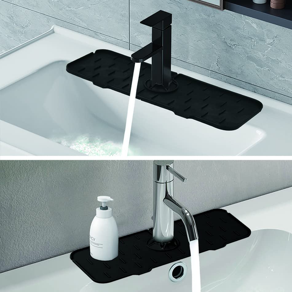 IEUSEW Silicone Faucet Mat, Silicone Faucet Handle Drip Catcher Tray, Faucet Water Catcher Mat, Silicone Sink Splash Guard, Black