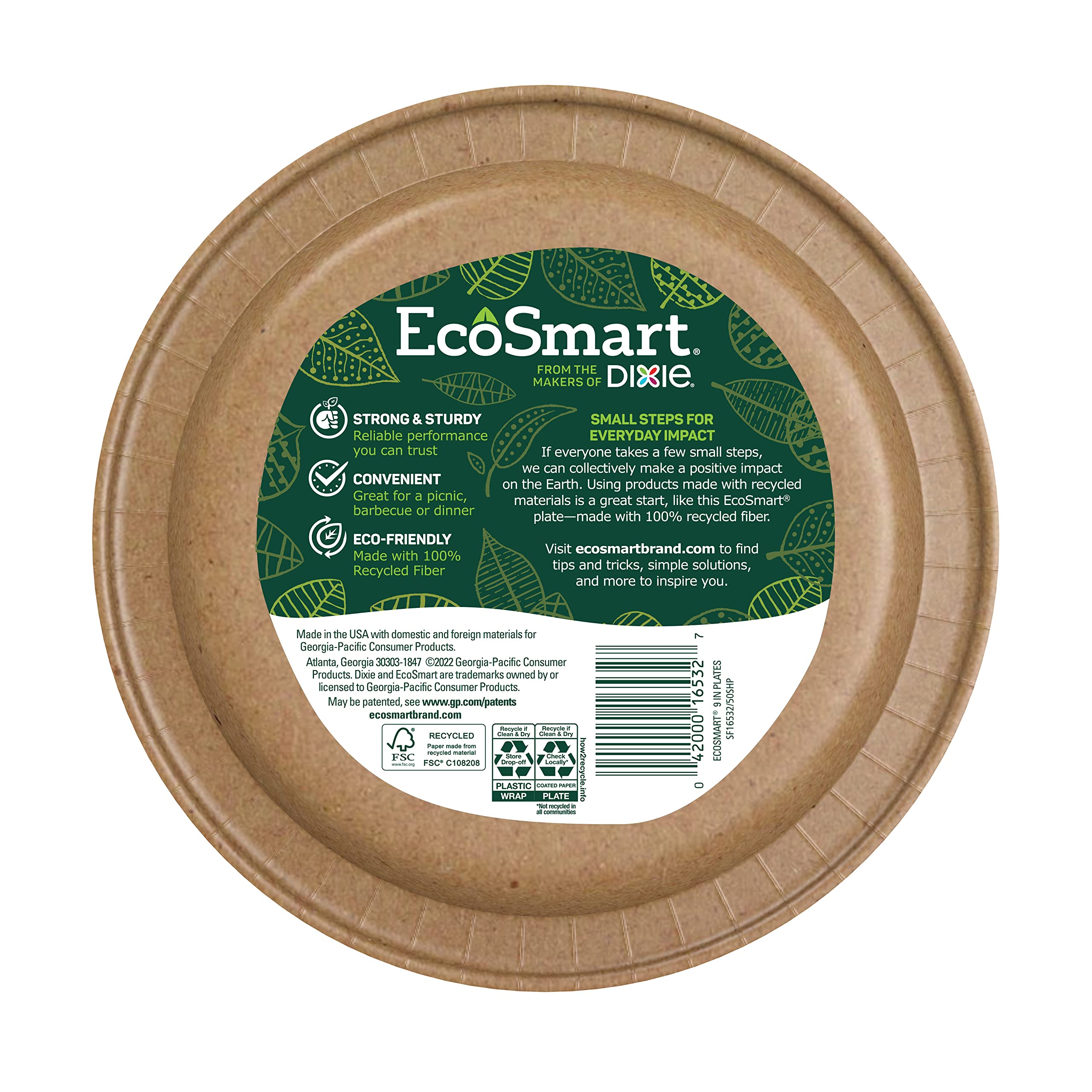 Dixie EcoSmart 100% Recycled Fiber Paper Plates, 8.5in, 50 Count, Medium Disposable Plate Great for Light Breakfast, Lunch, and Dinner Size