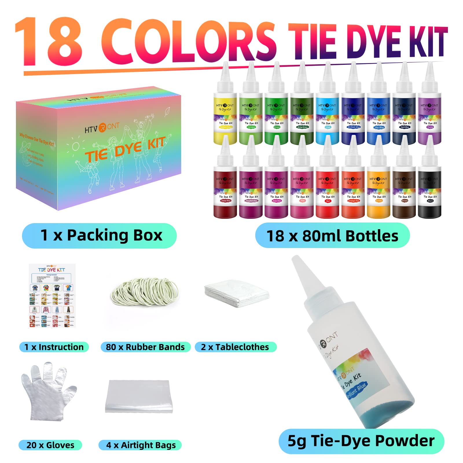 HTVRONT Tie Dye Kit for Kids and Adults - 18 Colors 80ML Pre-Filled Bottles Permanent Non-Toxic Tye Dye Kits for Clothing T-Shirt Fabric Textile Craft Party Handmade Project(Just Add Water)