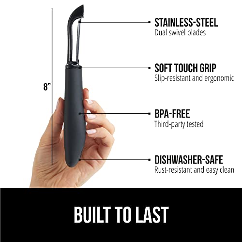 Gorilla Grip Swivel Vegetable Peeler, Sharp Stainless Steel Blades, Comfortable Handle, Dishwasher Safe, Kitchen Food Peelers, Easy Peeling, Peel Vegetables, Apple, Potato, Safe Blade Guard, Black