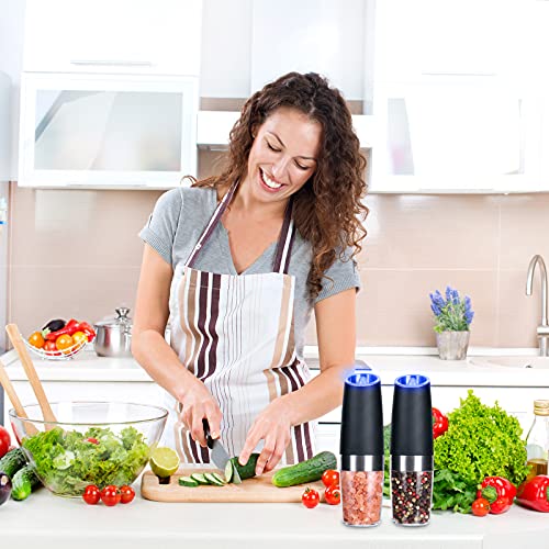 2 Pack Gravity Electric Salt and Pepper Grinder Set Automatic Battery Powered Salt Mill, Adjustable Coarseness, with Blue LED Light, One Hand Operated