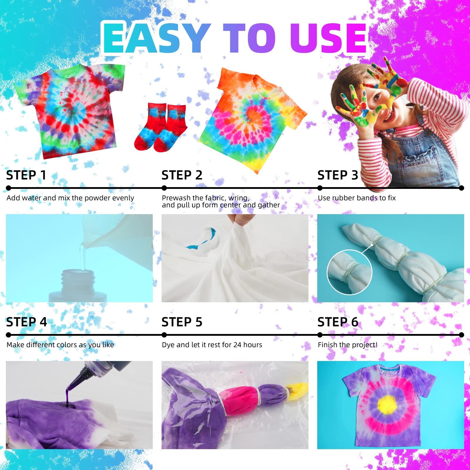 HTVRONT Tie Dye Kit for Kids and Adults - 18 Colors 80ML Pre-Filled Bottles Permanent Non-Toxic Tye Dye Kits for Clothing T-Shirt Fabric Textile Craft Party Handmade Project(Just Add Water)