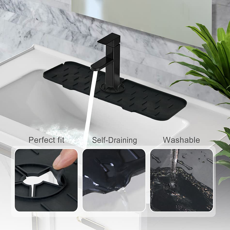IEUSEW Silicone Faucet Mat, Silicone Faucet Handle Drip Catcher Tray, Faucet Water Catcher Mat, Silicone Sink Splash Guard, Black