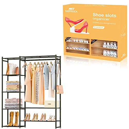 Neprock 20-Pack White Shoe Slots Organizer Bundle with Clothing Rack with Shelves