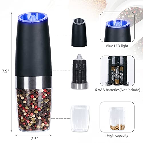 2 Pack Gravity Electric Salt and Pepper Grinder Set Automatic Battery Powered Salt Mill, Adjustable Coarseness, with Blue LED Light, One Hand Operated