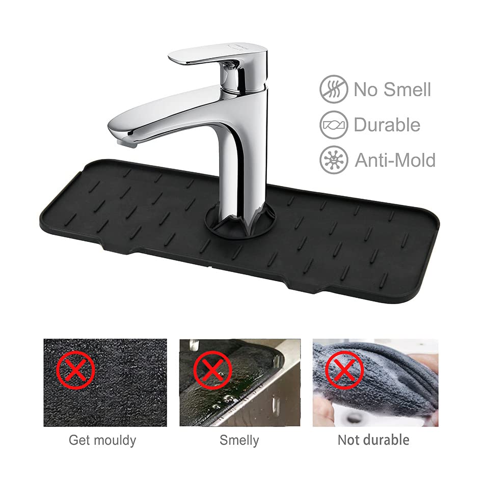 IEUSEW Silicone Faucet Mat, Silicone Faucet Handle Drip Catcher Tray, Faucet Water Catcher Mat, Silicone Sink Splash Guard, Black