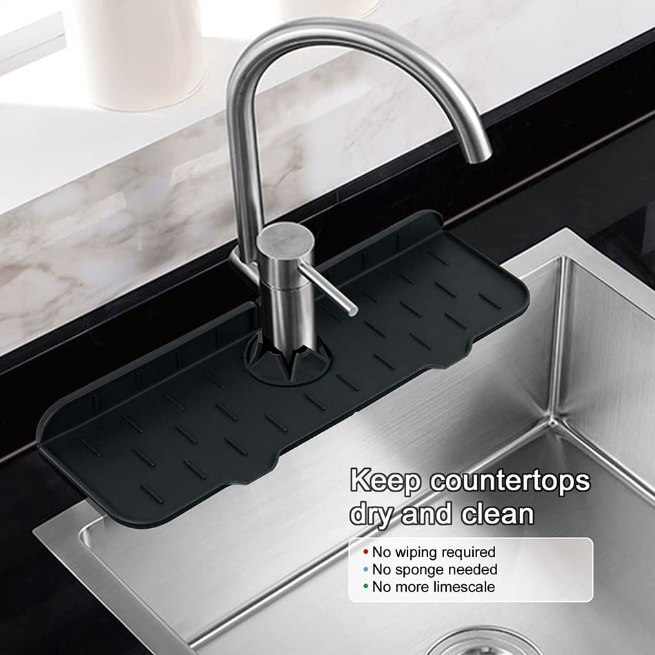 IEUSEW Silicone Faucet Mat, Silicone Faucet Handle Drip Catcher Tray, Faucet Water Catcher Mat, Silicone Sink Splash Guard, Black
